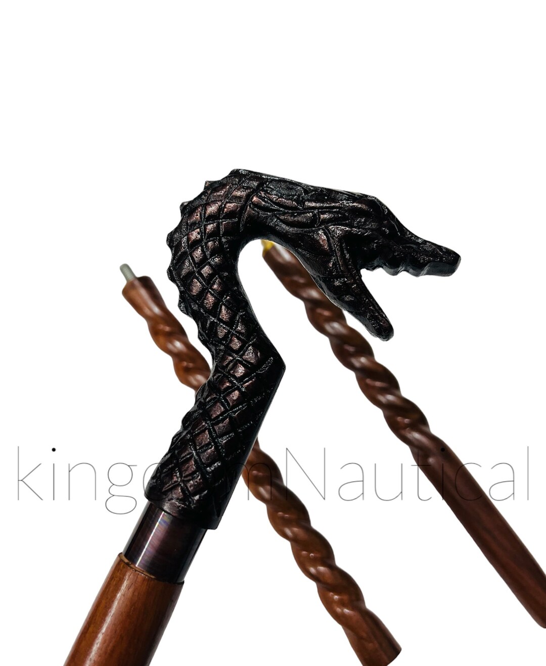 Dragon Handle Walking Stick: Brass Head, Spiral Wooden Cane - Etsy