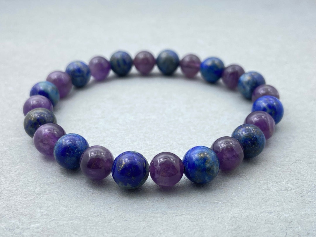 Amethyst Lapis Lazuli Beaded Bracelets, Natural Crystal, 8mm Stretch ...