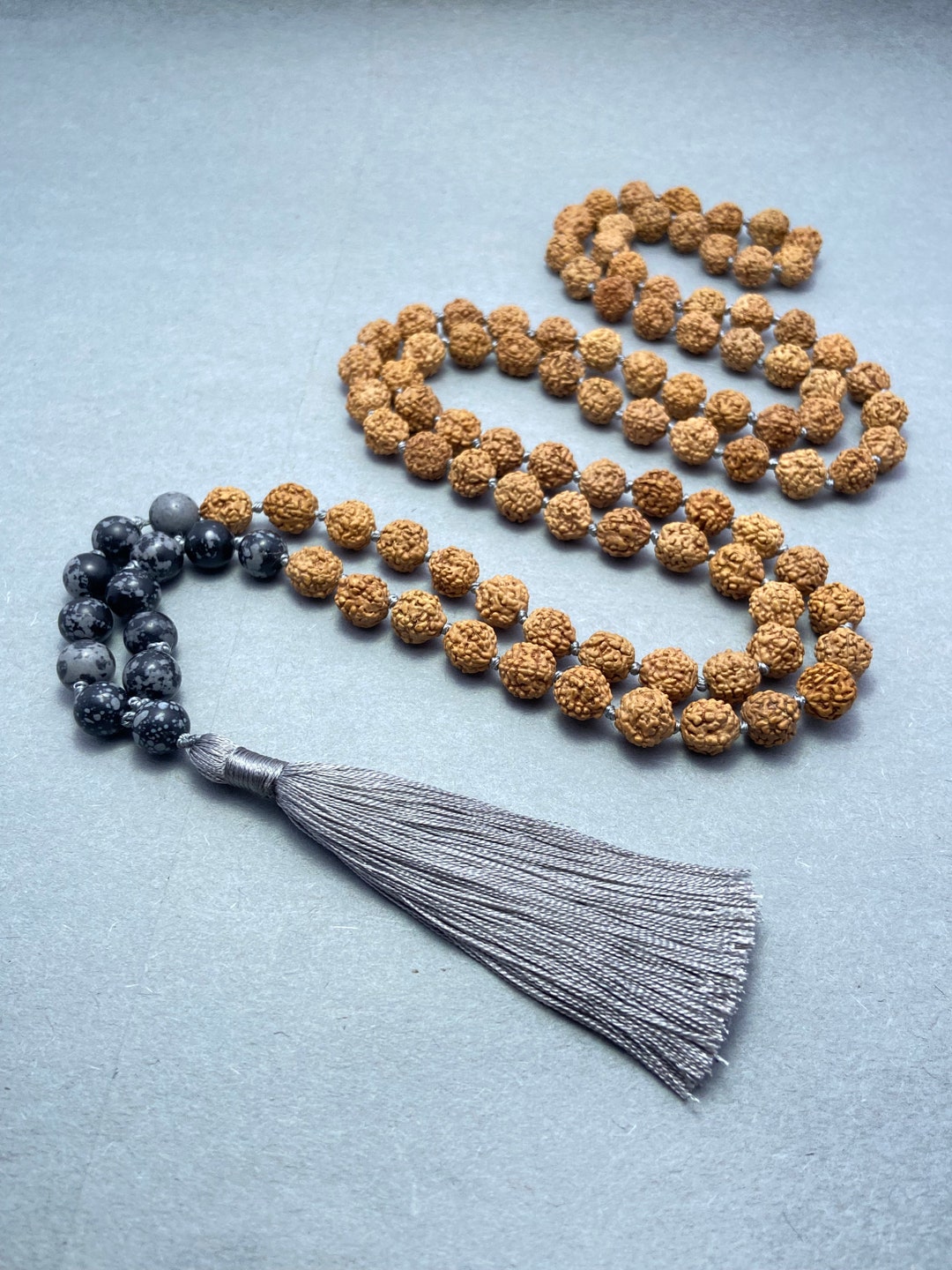108 Mala Beads Rudraksha Malas & Snowflake Obsidian Necklace for ...