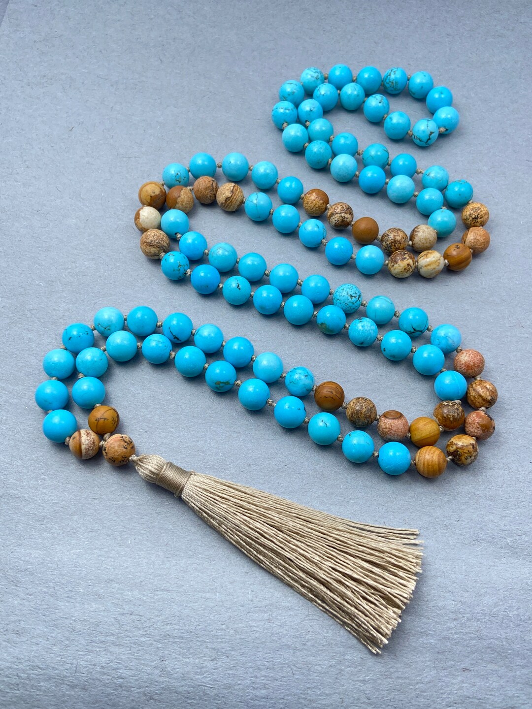 Turquoise Mala Hand Knotted, 108 Prayer Necklace, Tassel Necklace, Japa ...