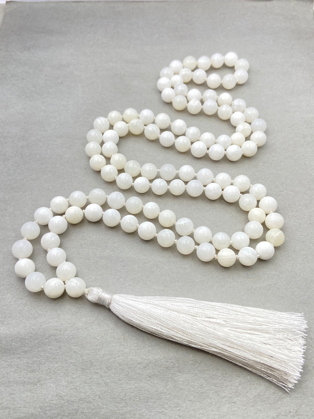 Mother of Pearl Hand Knotted Mala, 108 Prayer Necklace, Tassel Necklace ...