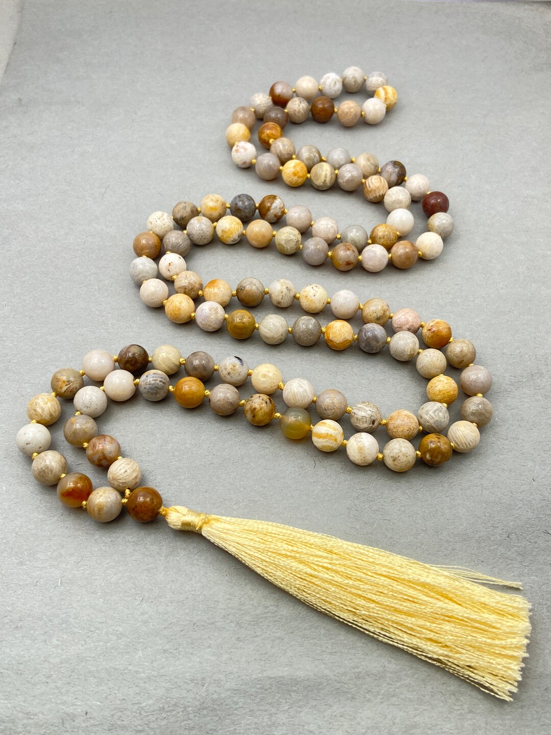 Fossil Coral Mala, Prayer Necklace, Tibetan Mala, Knotted Mala, Fossil ...