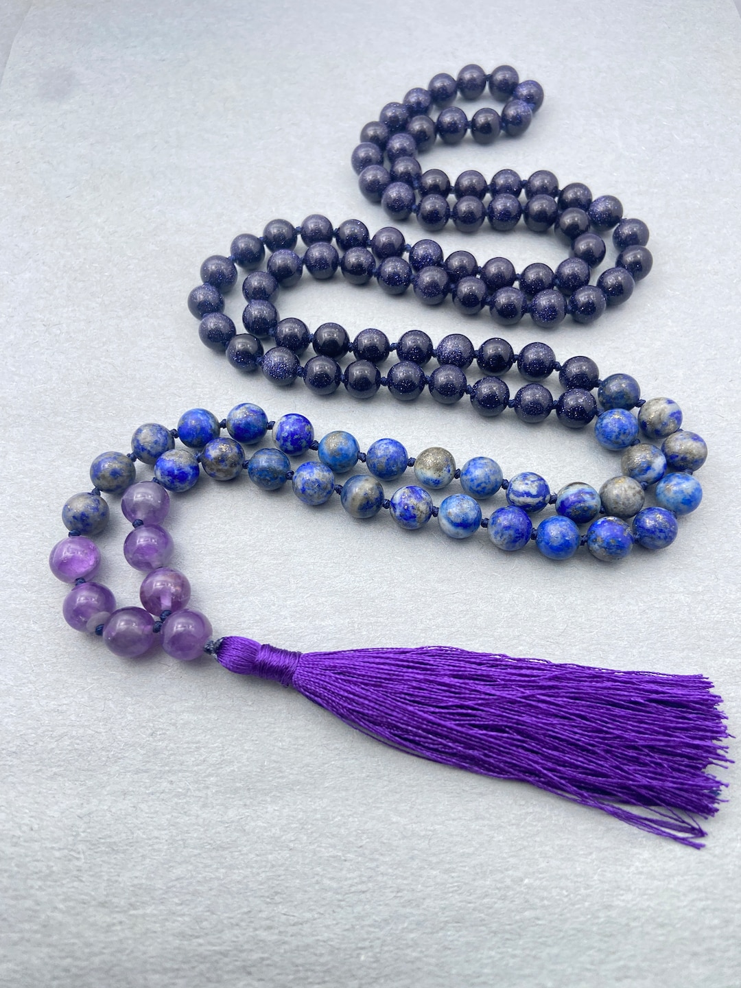 Amethyst Lapis Lazuli Mala Bead Necklace: Knotted Prayer Beads With ...