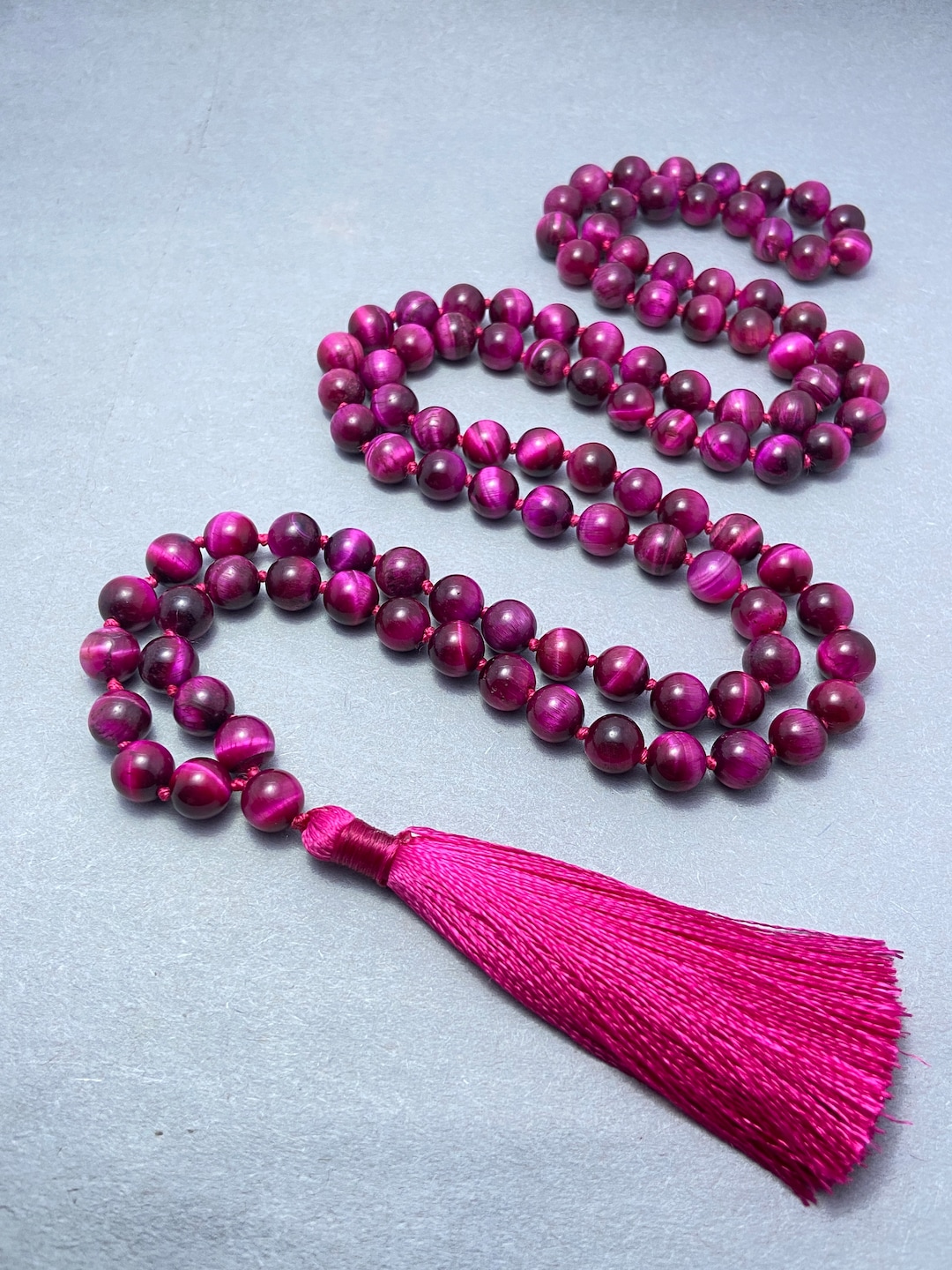 Pink Tiger's Eye Hand Knotted Mala, 108 Prayer Necklace, Tassel ...