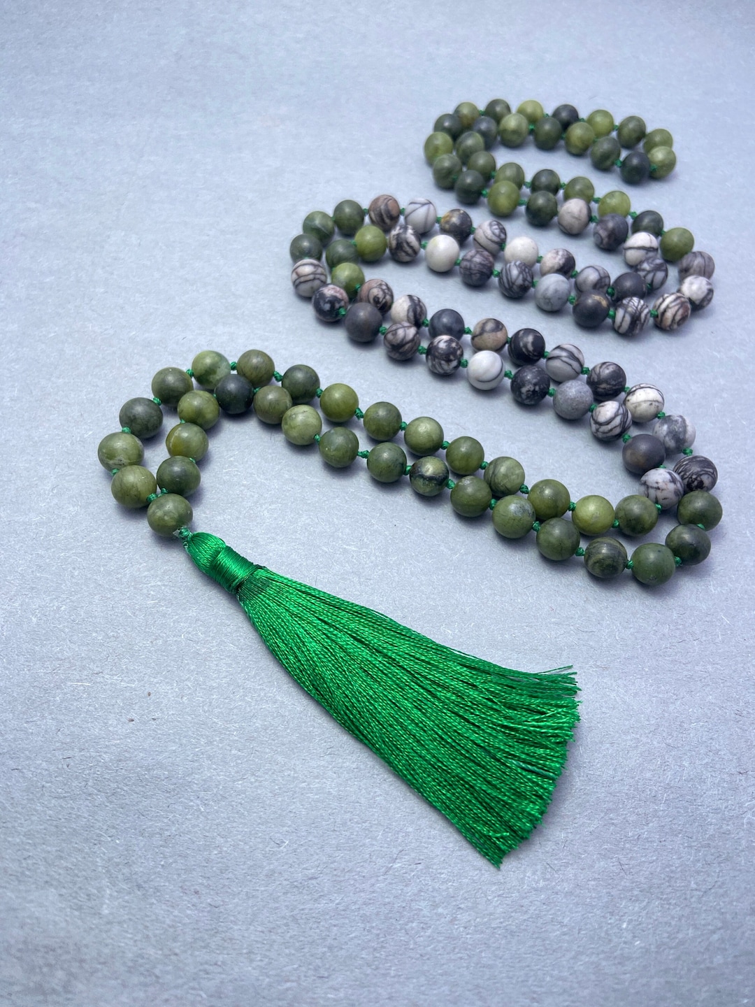 Green Jade Zebra Jasper Hand Knotted Mala, 108 Prayer Necklace, Tassel ...