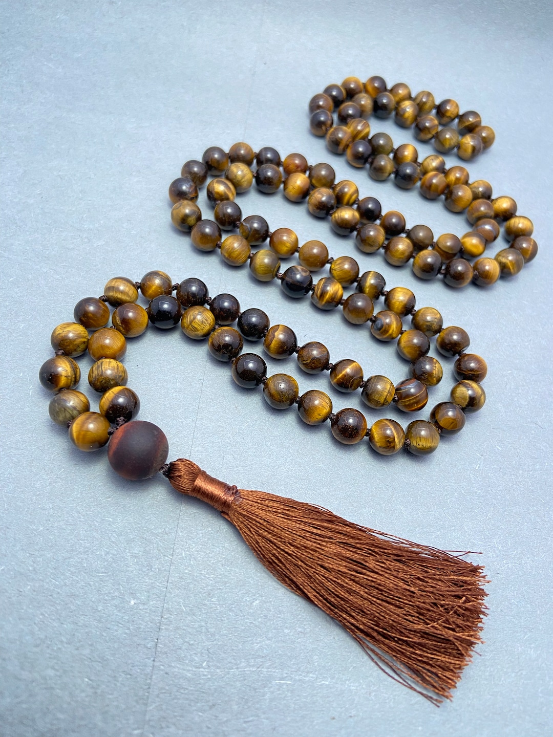 Tiger's Eye Mala Hand Knotted, 108 Prayer Necklace, Tassel Necklace ...