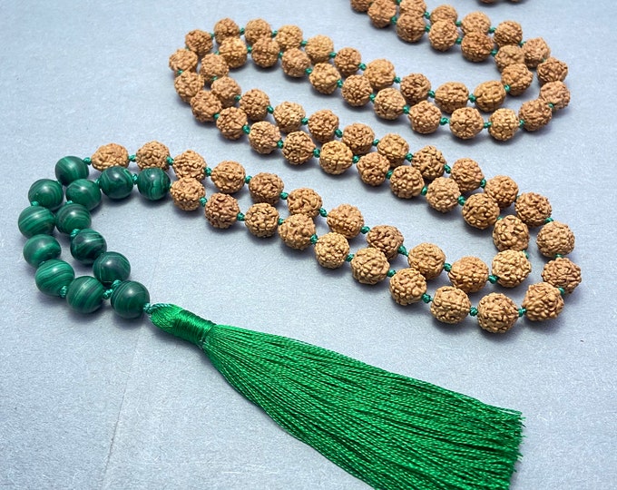Malachite Mala Necklace 108 Rudraksha Mala Knotted, 108 Prayer Beads ...