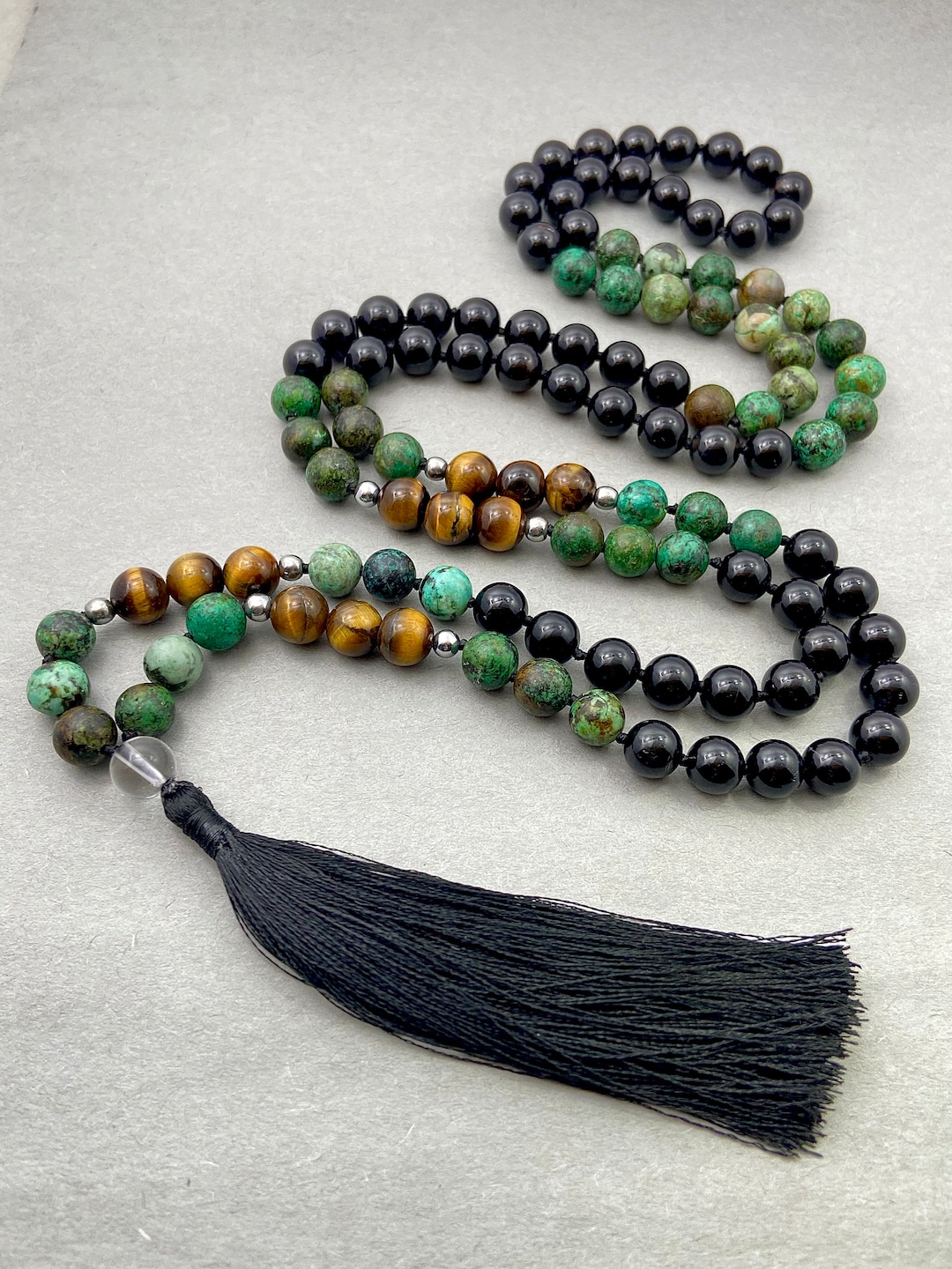 African Turquoise Mala, Knotted Necklaces, Onyx,tiger's Eye,turquoise ...