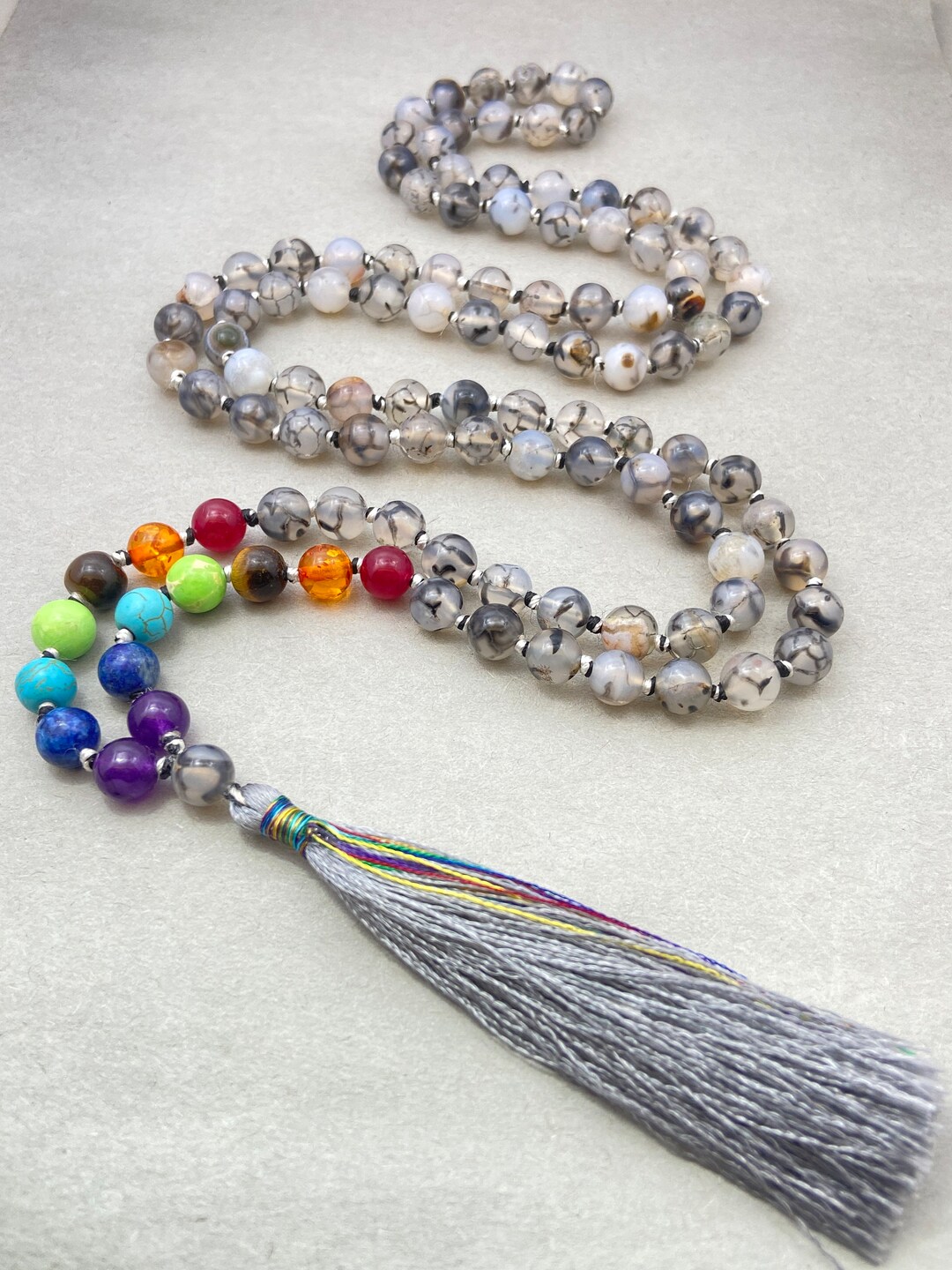 Dragon Vein Agate Chakra Mala, 108 Beads Knotted Mala Necklace, 7 ...