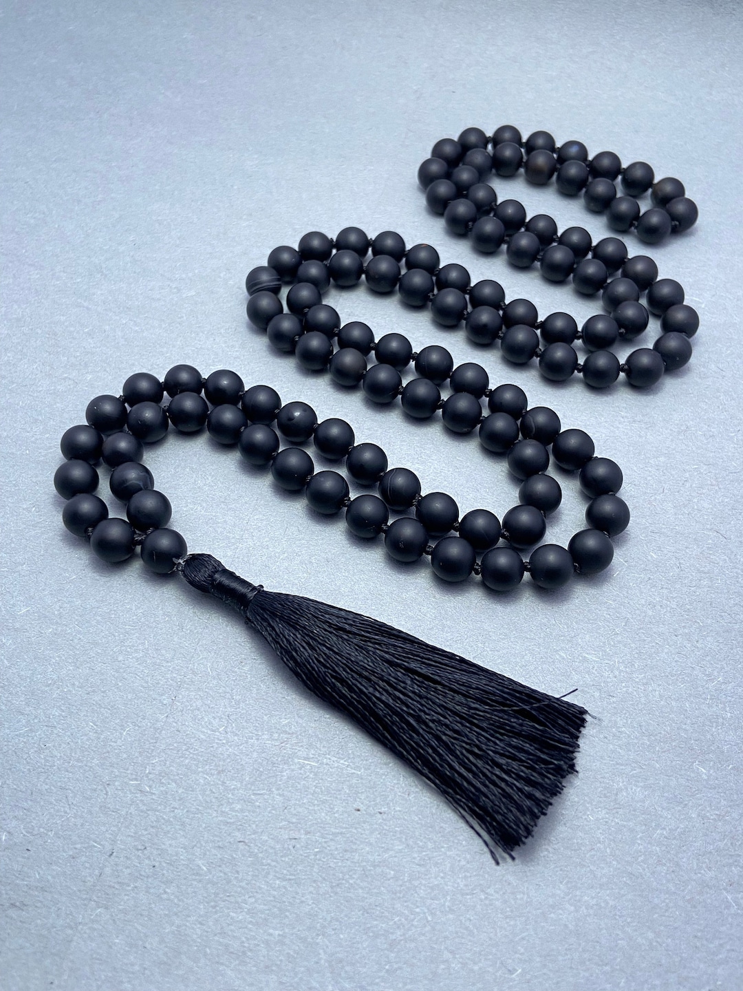 Matte Black Onyx Mala, Prayer Necklace, Tibetan Mala, Knotted Mala ...