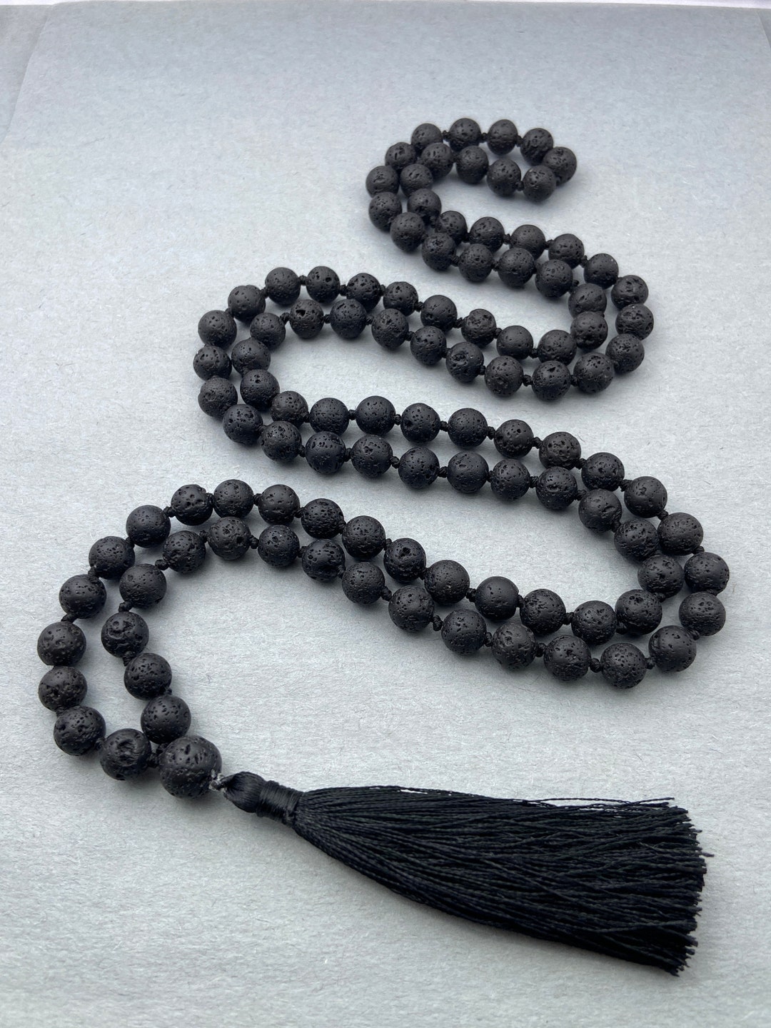 Black Lava Hand Knotted Mala, 108 Beads Prayer Necklace for Protection ...