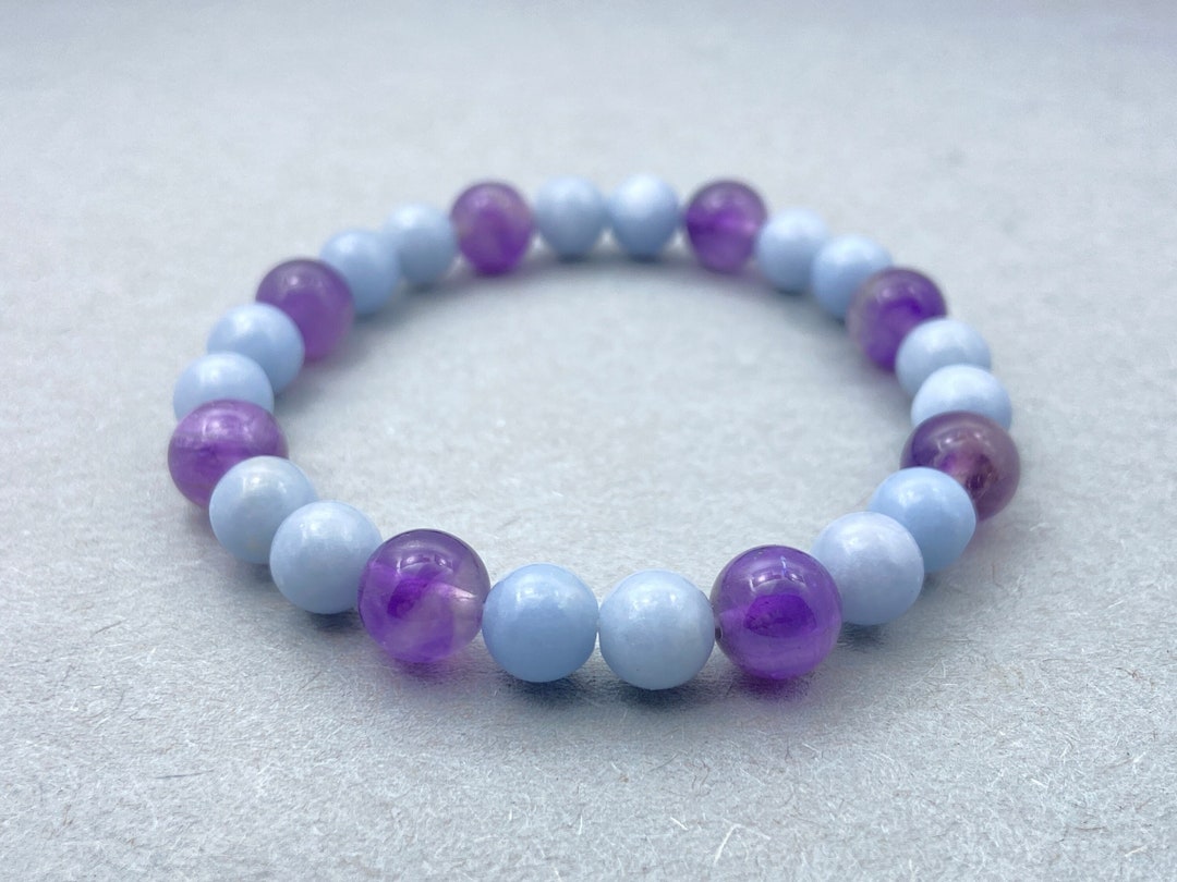Angelite & Amethyst Bracelet | Natural Crystal Beaded Bracelet Stretch ...