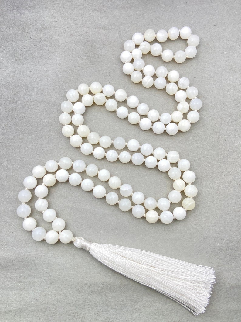 Mother of Pearl Hand Knotted Mala, 108 Prayer Necklace, Tassel Necklace ...