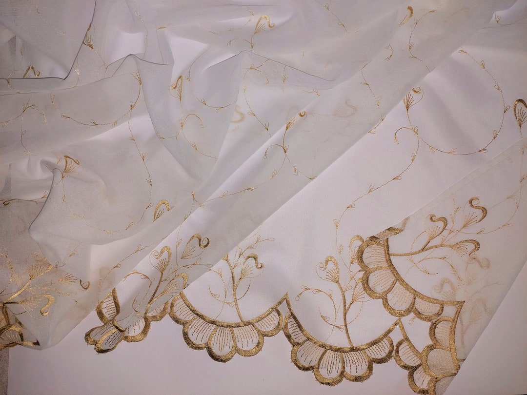 2 of German Vintage Milk White Curtains Golden Color Floral Embroidery ...