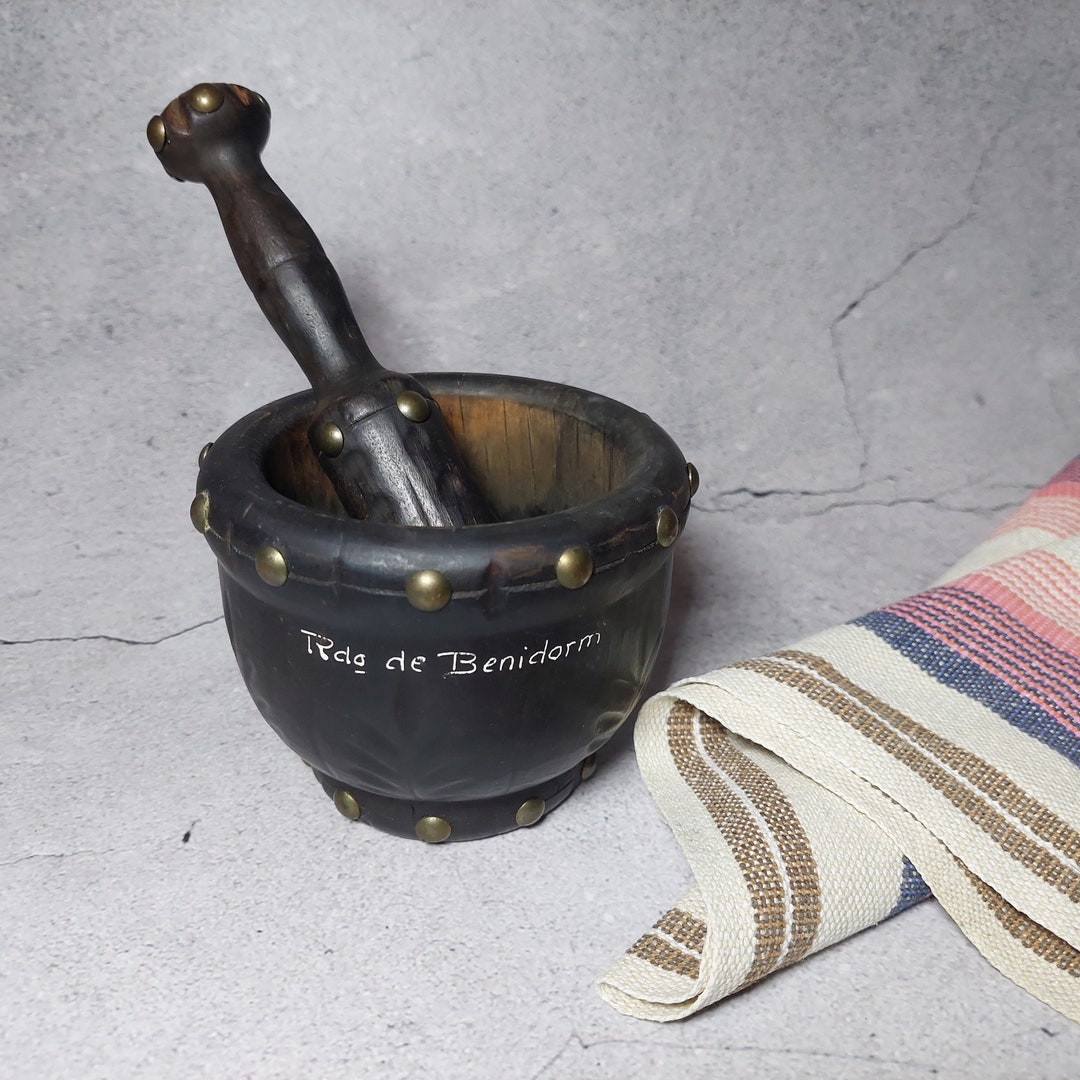 Vintage Spanish Mortar and Solid Wood Pestle W Brass Accent, Dark ...