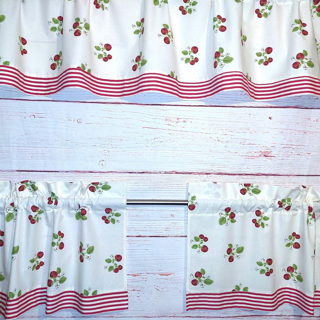 SET Cream Cotton Curtain Valance & Cafe Curtains Colorful Strawberry ...