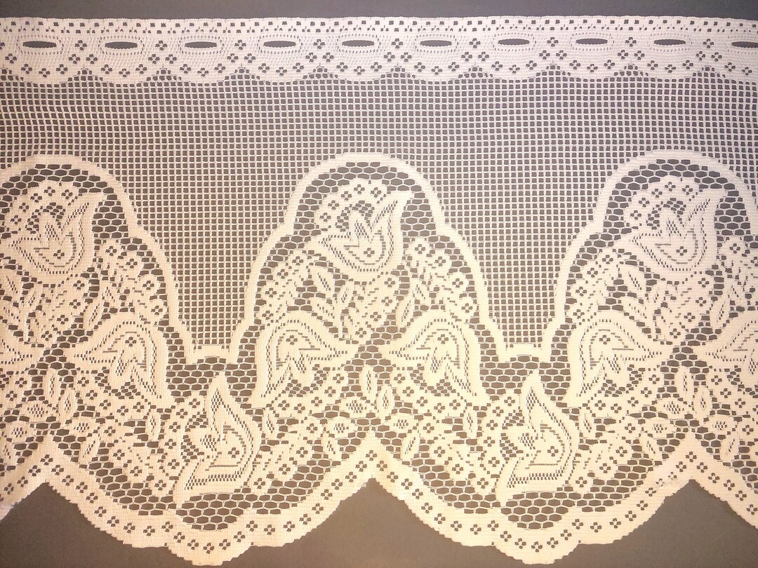 Vintage French White Lace Net Curtain Valance; Lace Net Curtain Floral ...