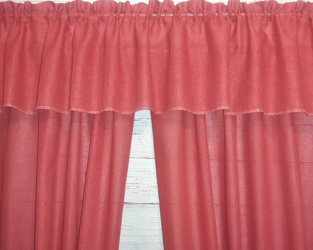 SET 2+1 of Handmade Red Curtains and Valance; Rod Pocket Curtains ...