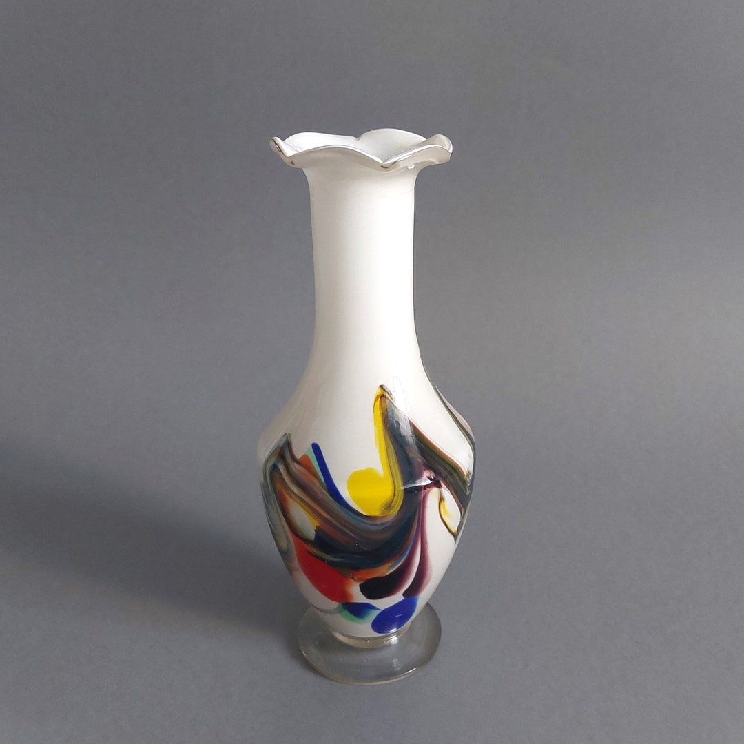 Vintage Dalian Glass Co. Hand-blown Vase: 60s Milky Glass Abstract ...