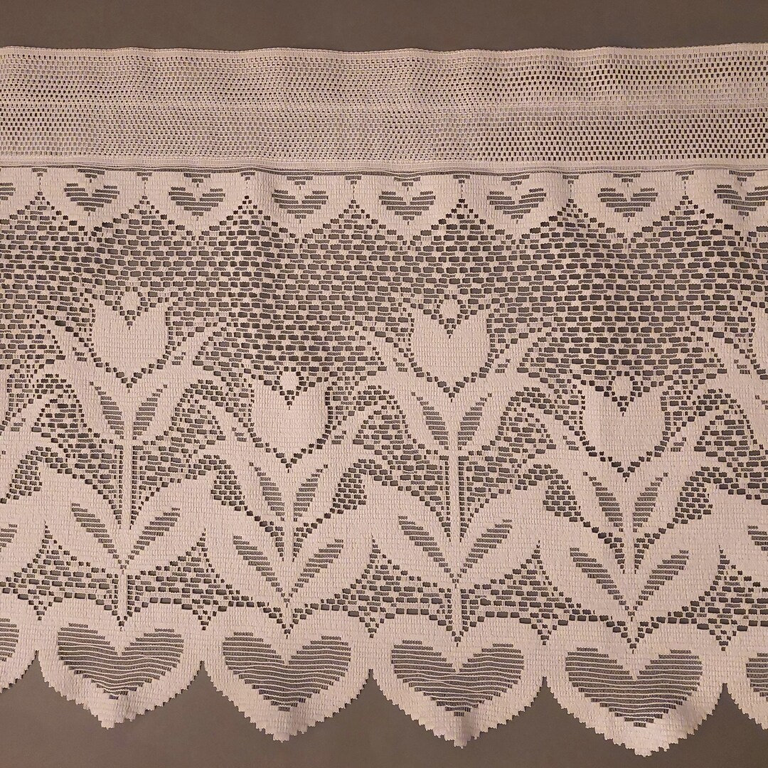 Vintage French White Lace Curtain Valance, Tulip Heart Floral Design ...