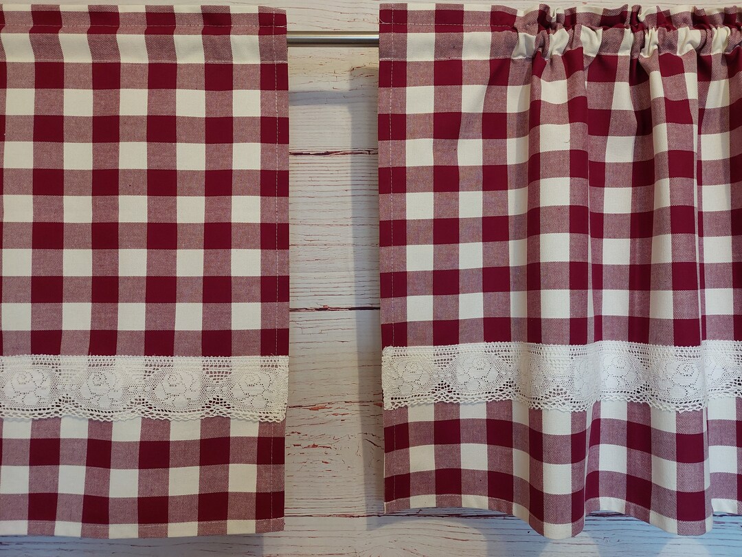 Checkered Cafe Curtains With Lace; Handmade Reversible Cotton Curtains ...