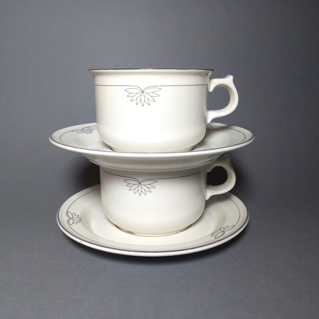 Karin Björquist Gustavsberg Swedish Mugs With Saucers, Gray Floral ...