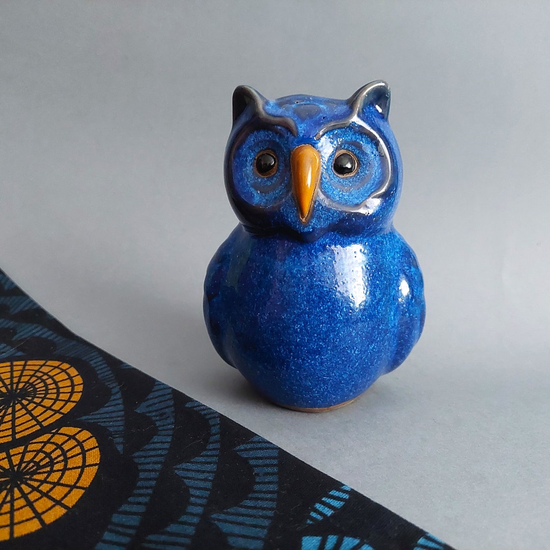 Handmade Blue Pottery Owl Figurine Vintage Ceramic Owl Blue Glazed ...
