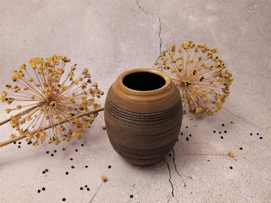 Swedish Vintage Handmade Pottery Vase Brown Ceramic Vase Horizontal ...