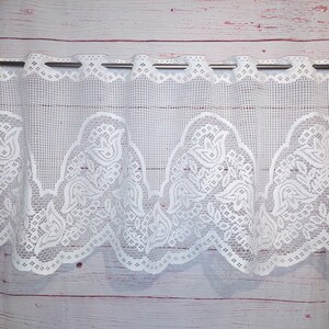 Vintage French White Lace Net Curtain Valance; Lace Net Curtain Floral ...