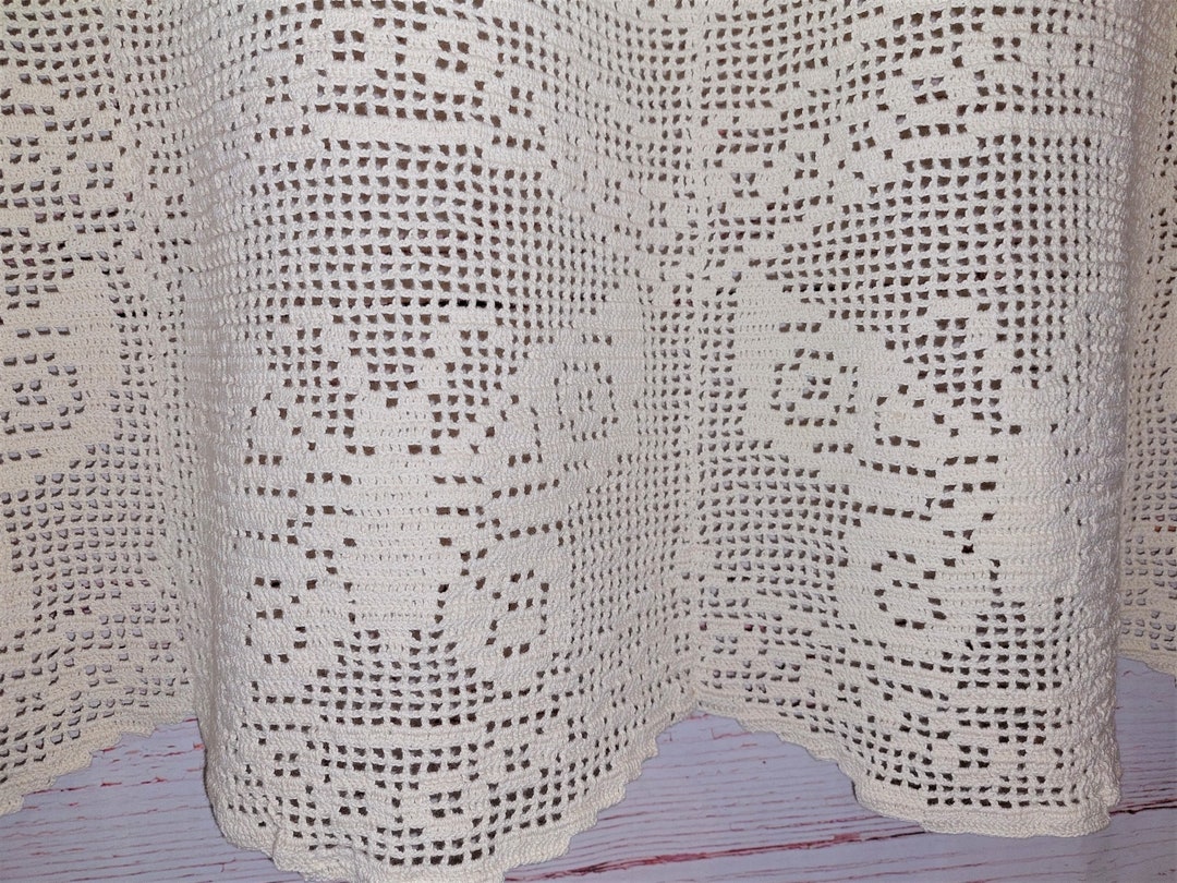 Vintage Hand Crochet Curtain; Kitchen Ivory Net Valance; Scalloped ...