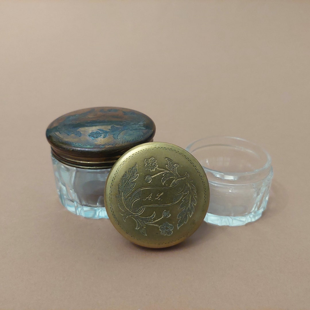 2 Vintage A.E. & Co Glass Powder Jars With Ornate Brass Lids Glass ...