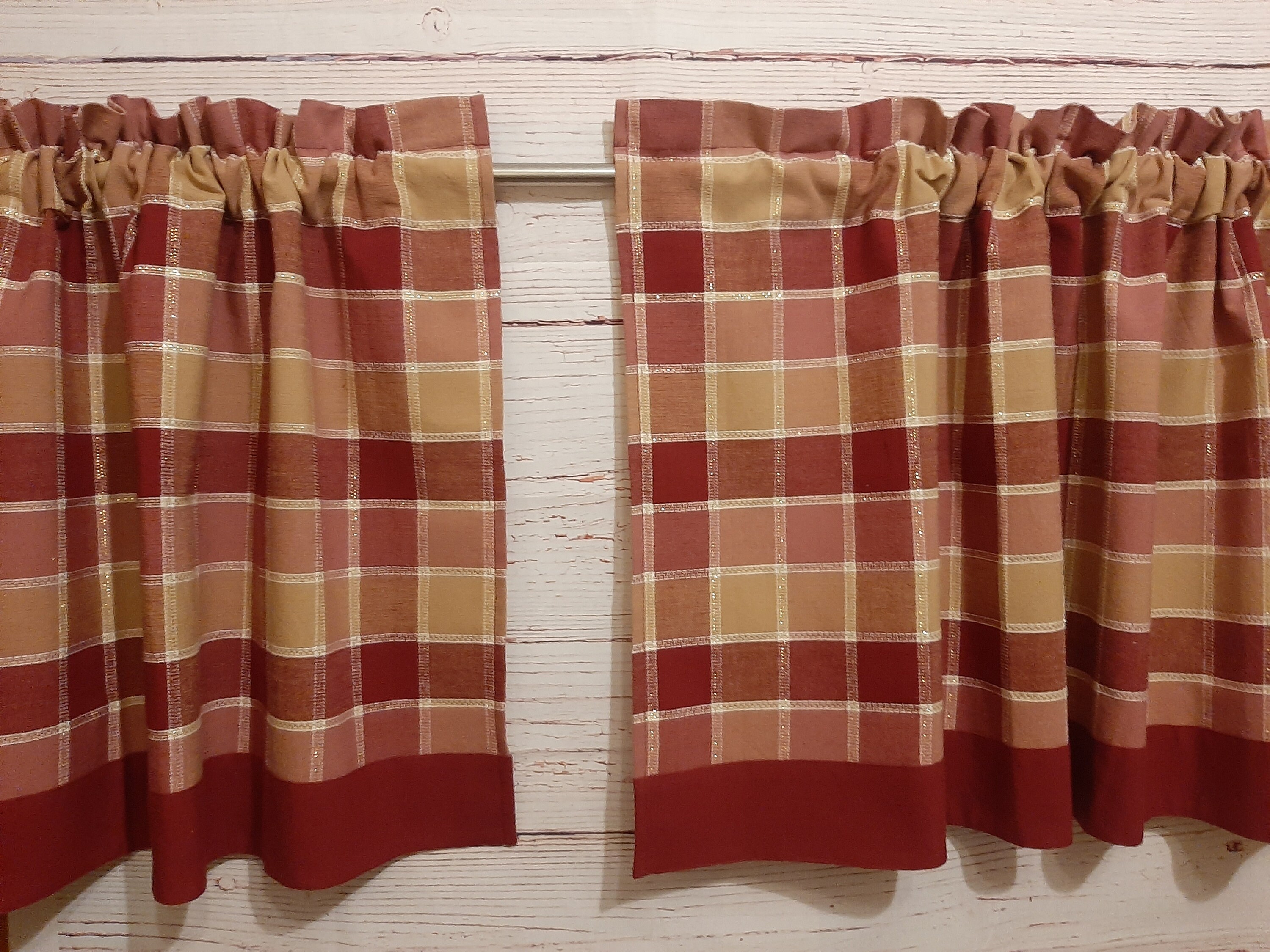 Vintage Checkered Cafe Curtains: Handmade, Reversible, Red With Beige ...