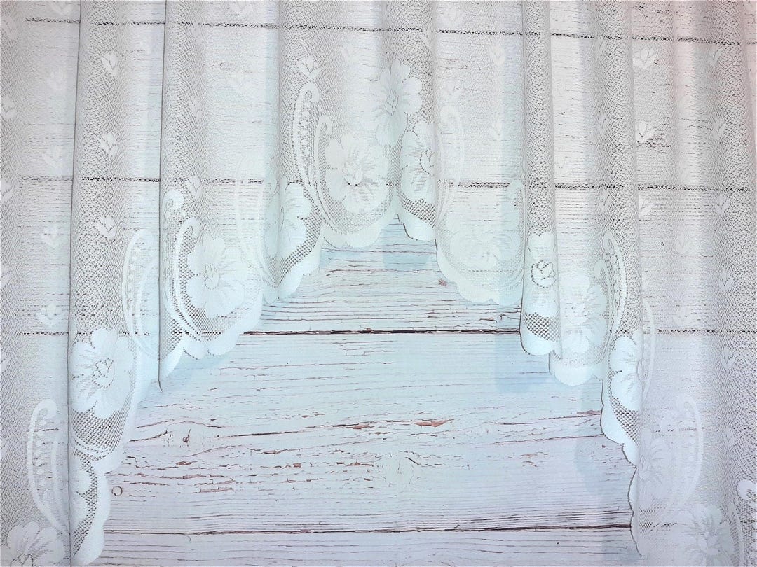 Vintage French Net Lace Curtain With Floral Print: Kitchen Valance ...