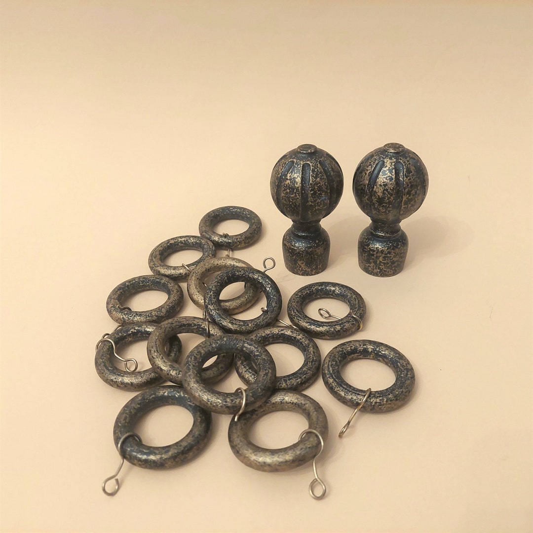 Set of 2 Vintage Gold/black Wooden Rod Ends & 12 Wooden Rings With ...