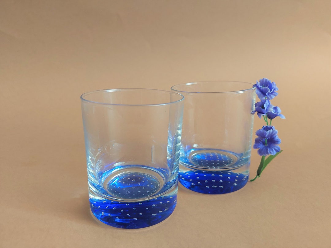 Set 2 Vintage Blue Glasses American Atelier Old Fashioned Glass Clear 4793