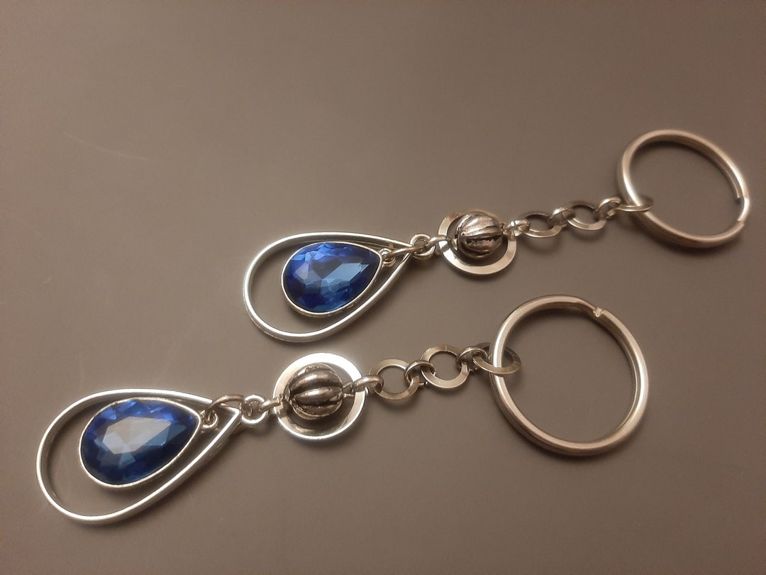 2 Metal Keyrings Handmade Keyrings With Blue Glass Insert in the Form ...