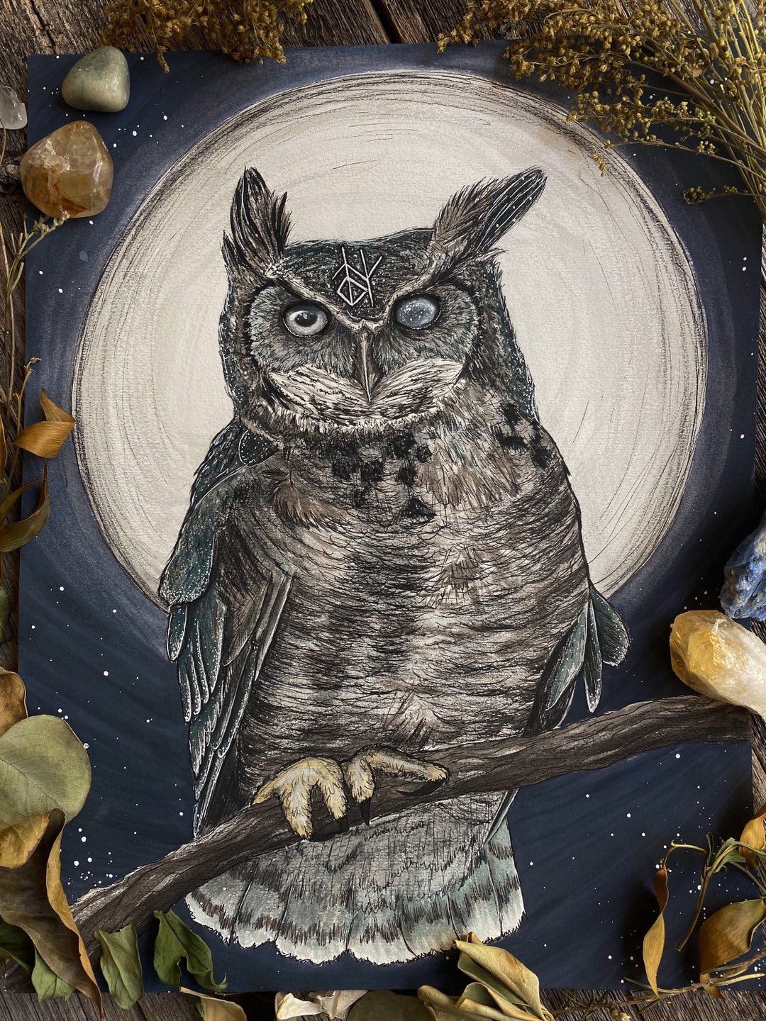 Wisdom Bindrune Owl - Elder Futhark Runes - Witchy Art - Witchy ...