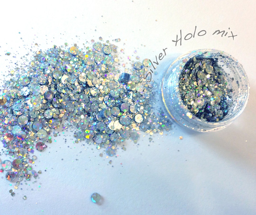 Silver Holographic multi sized glitter flake With 3mm Discs. GLITTER ...