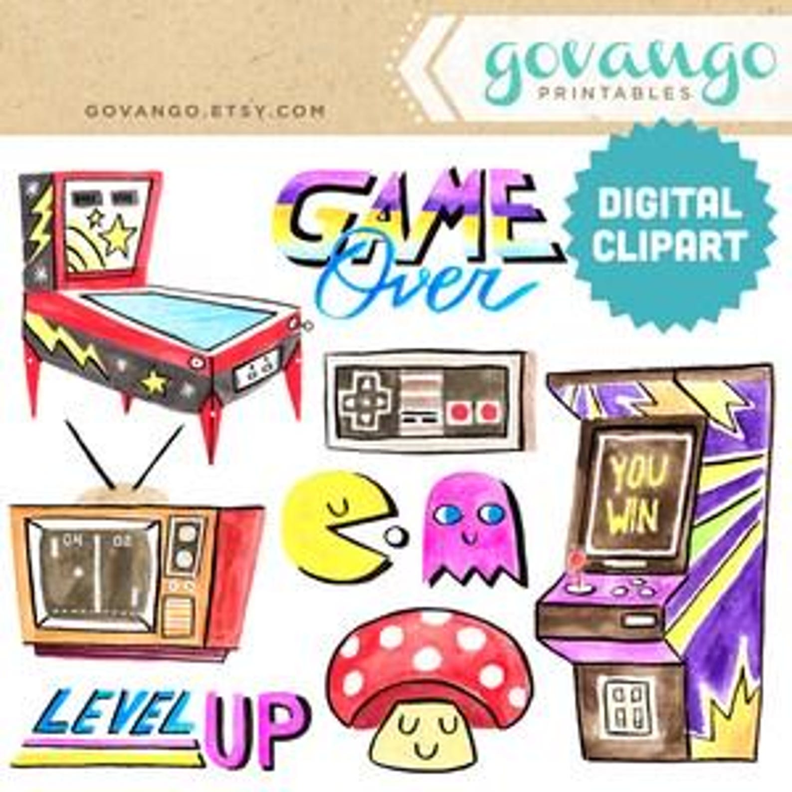 RETRO GAMER Digital Clipart Instant Download Illustration Watercolor ...