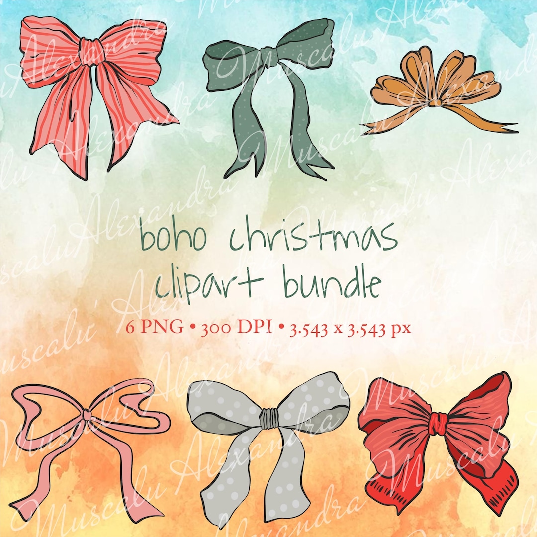 Set 6 Boho Bows Christmas Clipart Bundle PNG, Christmas PNG, Clipart ...