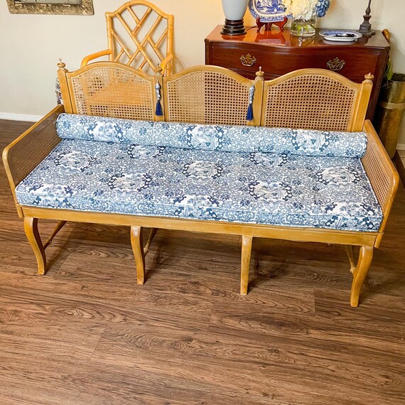 Victorian Style Vintage Cane Settee Bench With Ralph Lauren porcelain Blue Tamarind Bird Custom Upholstered Seat and Pillows Etsy