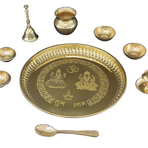 Traditional Handcrafted Brass Pital Pooja Thali Aarti Bartan Plate Set ...