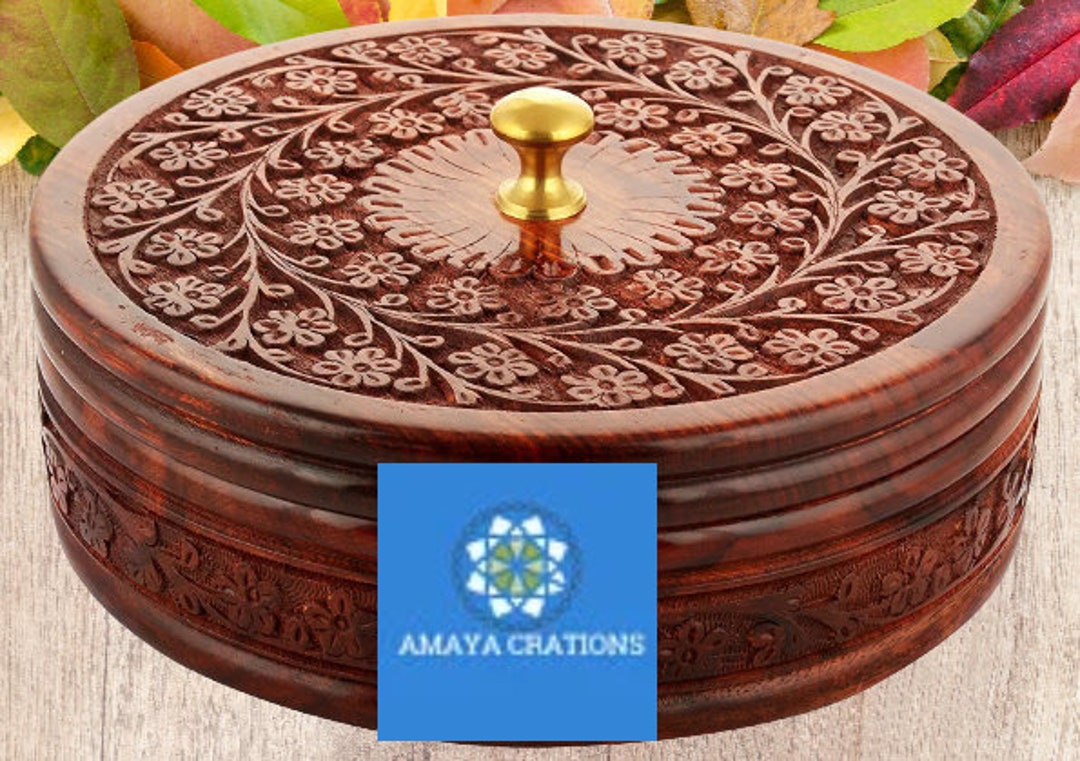 Indian Handcrafted Brass & Wooden Metal Chapati and Spice Box Kitchen ...