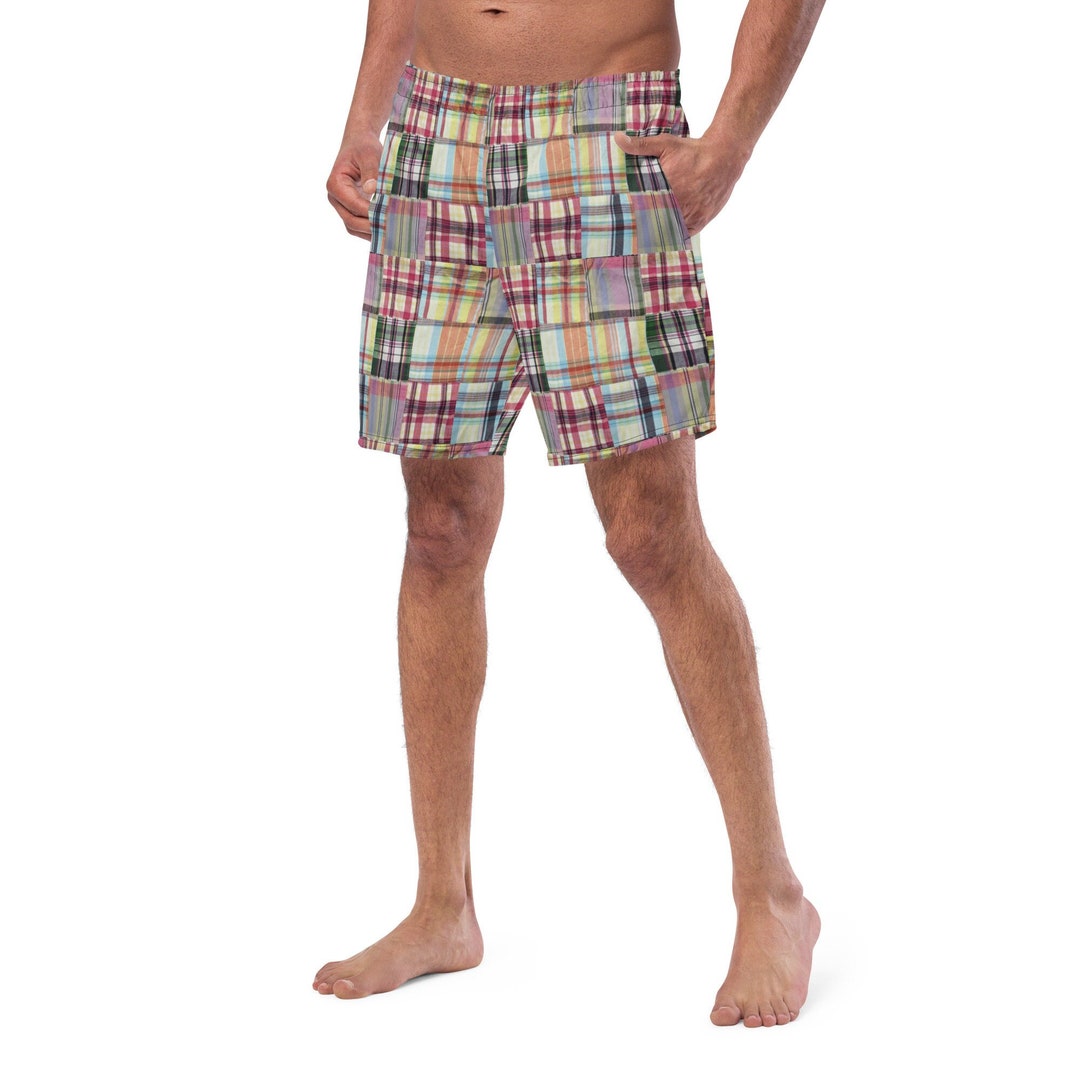 Madras Swim Trunks, Preppy Faux Madras Plaid Print Swim Shorts, Men's ...