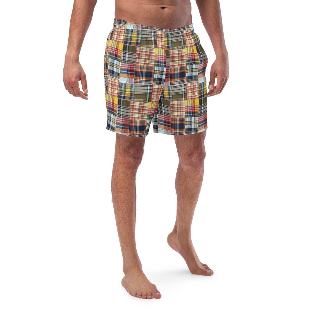 Madras Swim Trunks, Preppy Faux Madras Plaid Print Beach Shorts, Men's ...