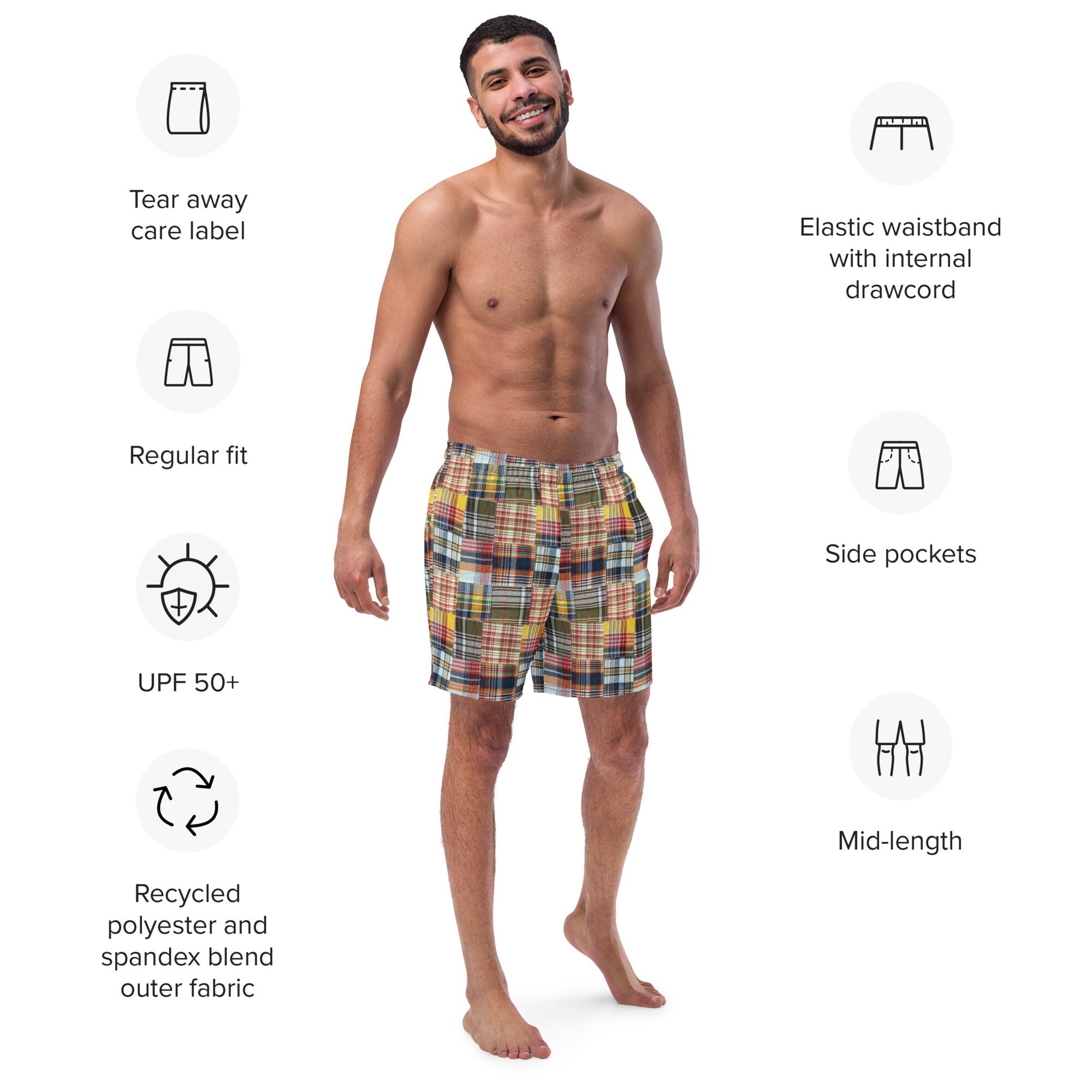 Madras Swim Trunks, Preppy Faux Madras Plaid Print Beach Shorts, Men's ...