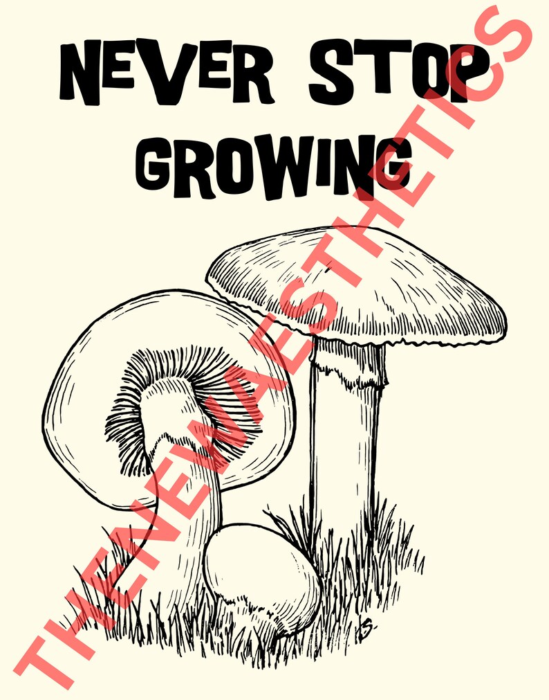 Never Stop Growing Poster BLACK, Cute Mushroom Wall Art, Minimalist ...