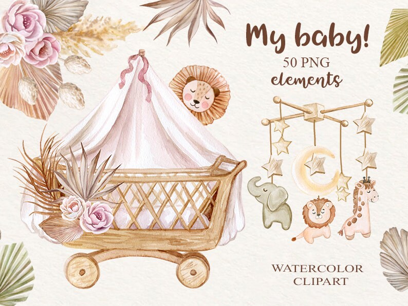 Boho Baby Nursery Kids Clipart Newborn Baby Watercolor | Etsy