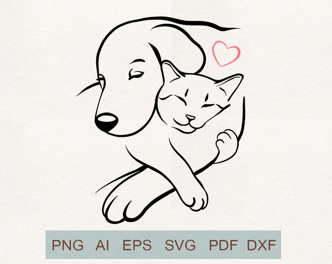 Cat and Dog Silhouette Heart Paw Svg, Cat and Dog Silhouette Hug, Cat ...