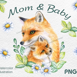 Foxes Baby and Mum, Fox Family Clipart, Baby Animal PNG, Watercolor ...